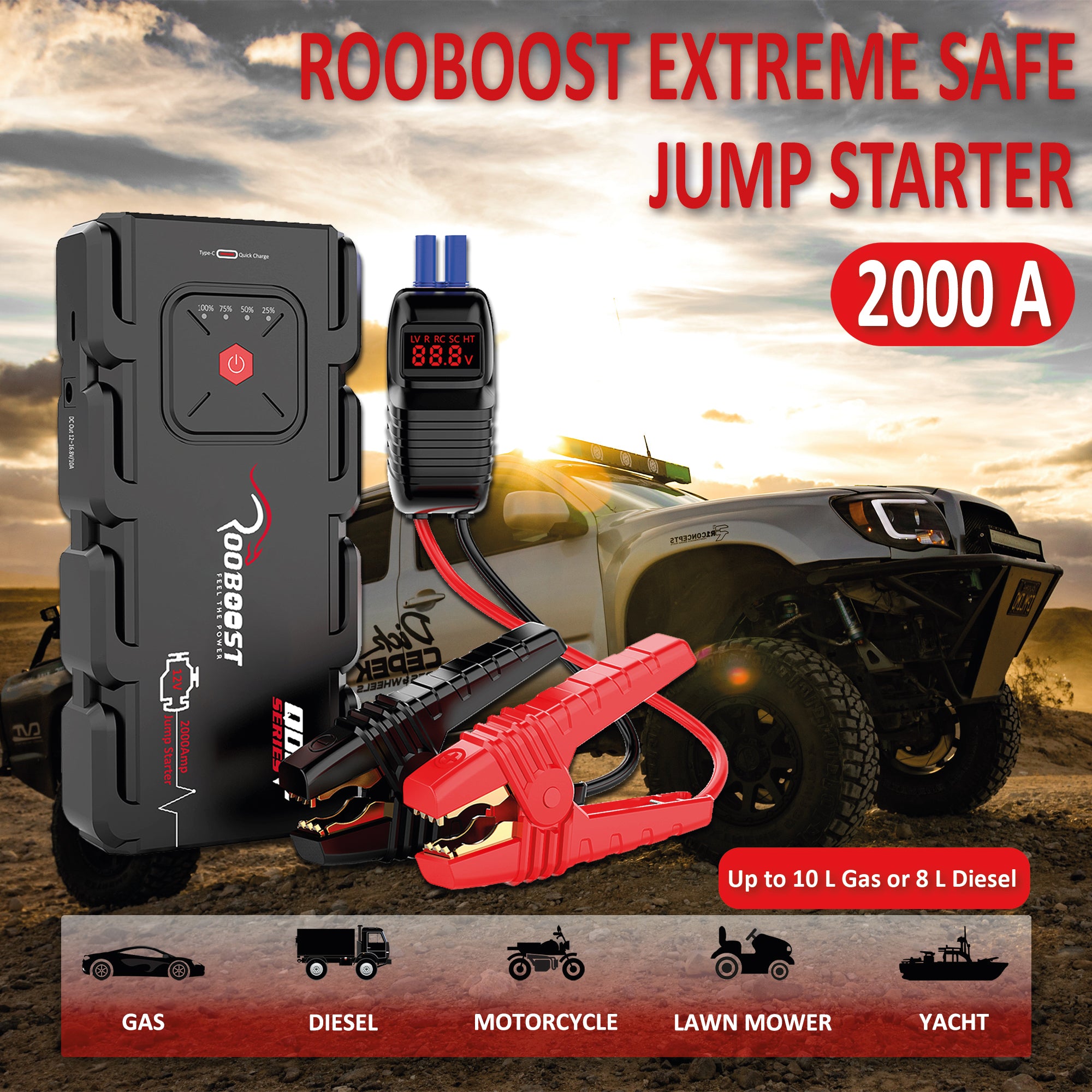ROOBOOST 2000A Peak Extreme Safe Car Jump Starter Up to 10L Gas or 8L ...